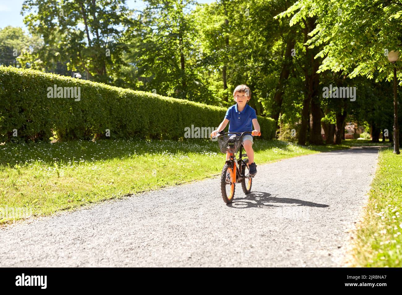 happy little boy riding bicycle at summer park Stock Photo - Alamy