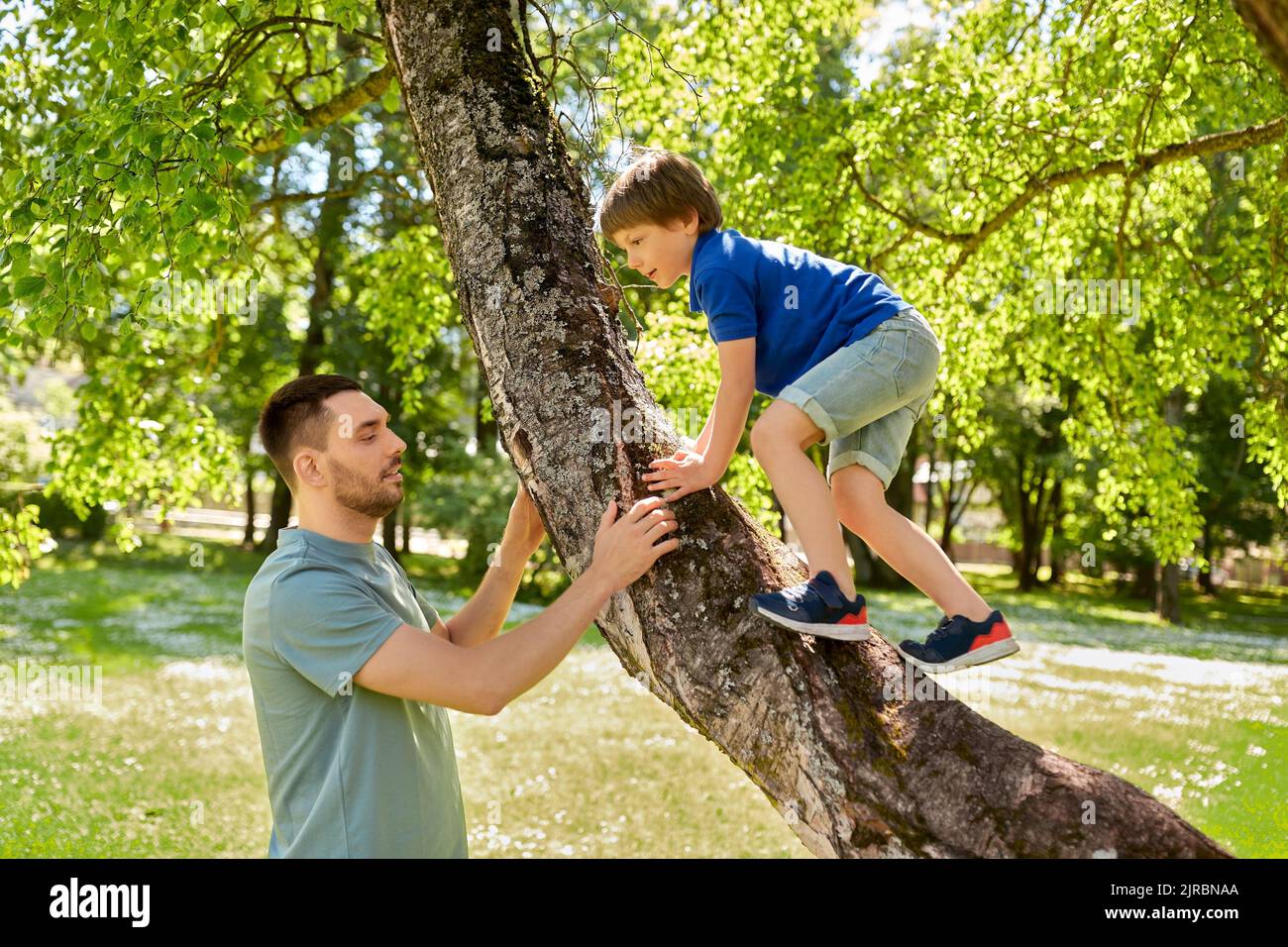 happy father with son climbing tree in summer park Stock Photo - Alamy