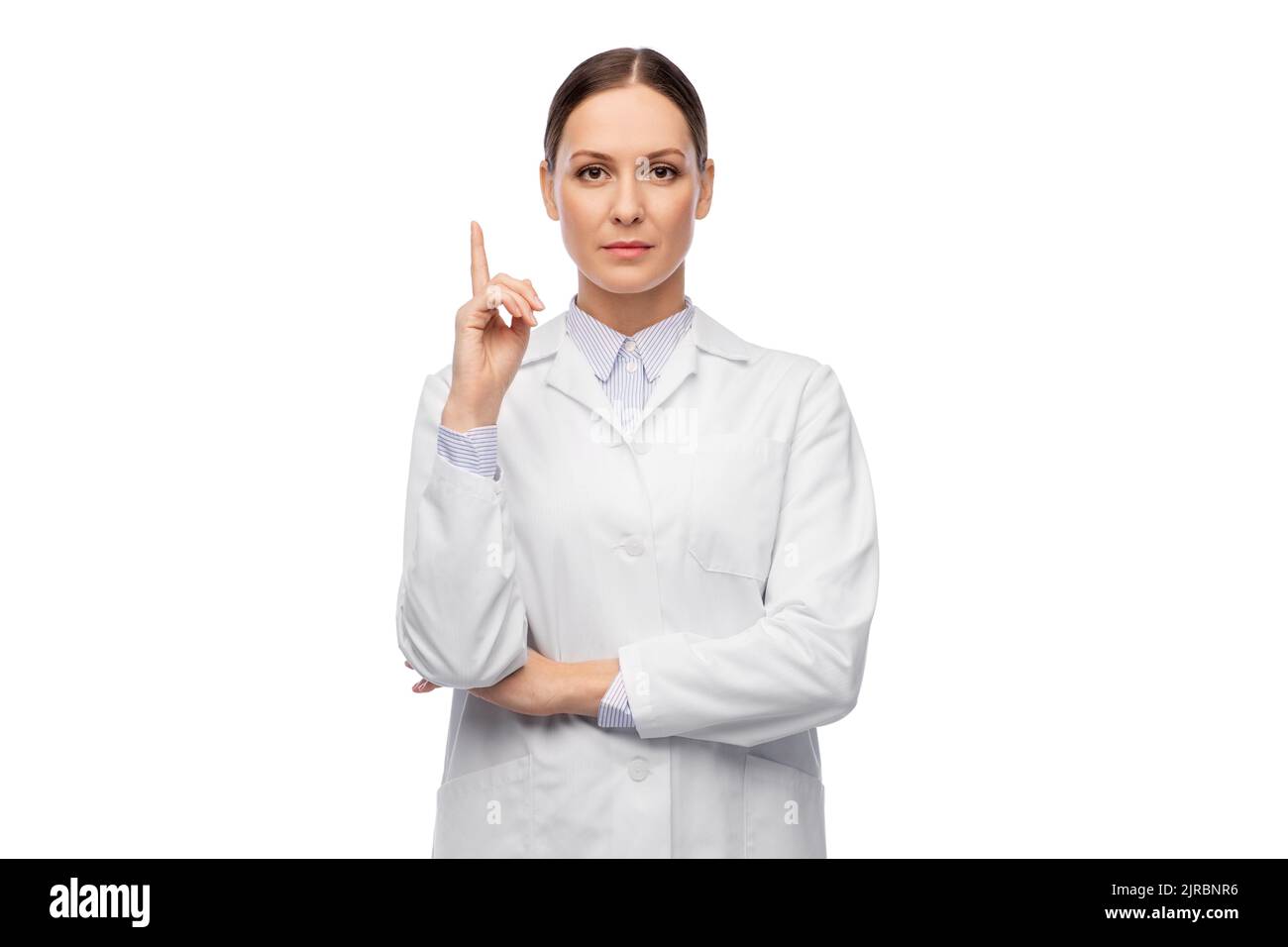 female doctor pointing finger up Stock Photo - Alamy