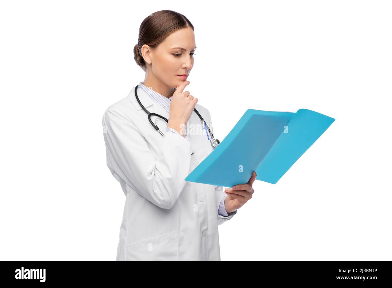 thinking female doctor with folder and stethoscope Stock Photo - Alamy
