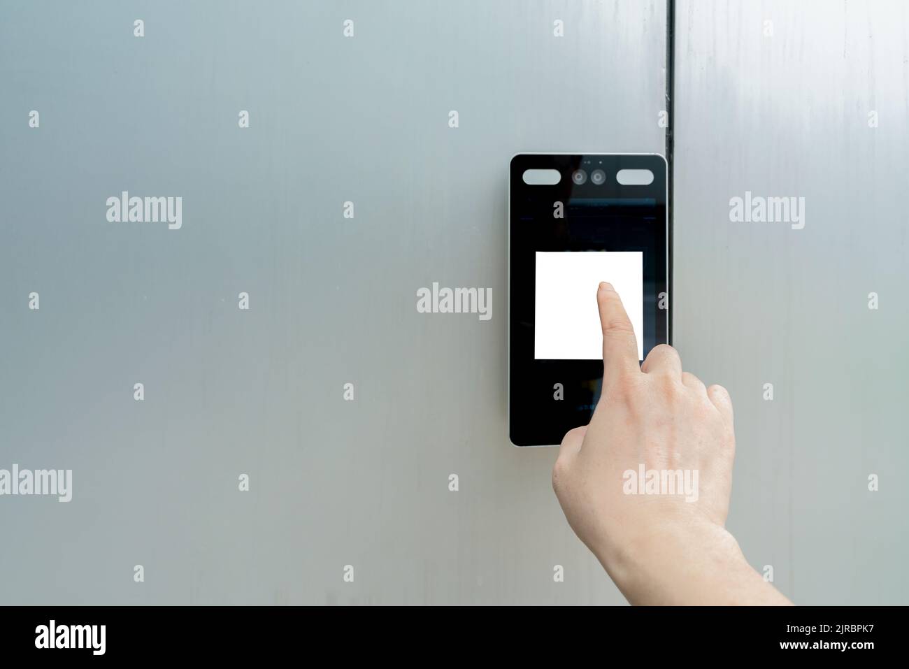 A finger touch identification device on the door with empty futuristic ...