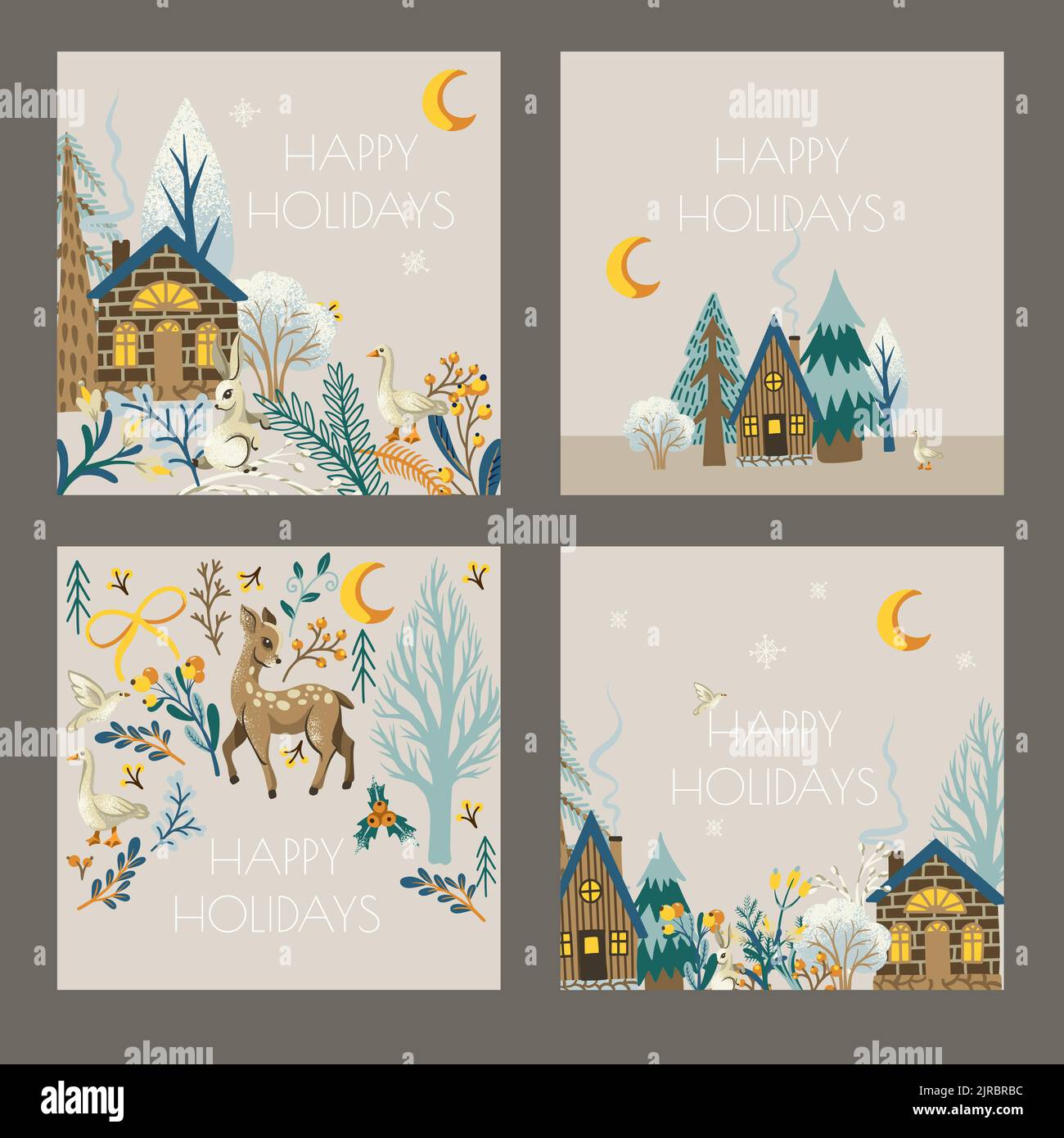 Christmas card with rustic animals, birds and trees. Wallpaper print ...