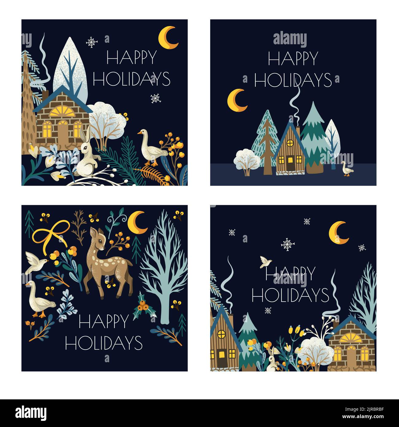 Christmas card with rustic animals, birds and trees. Wallpaper print ...