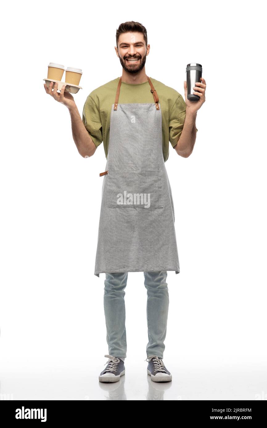 happy waiter with takeout coffee cups and tumbler Stock Photo - Alamy