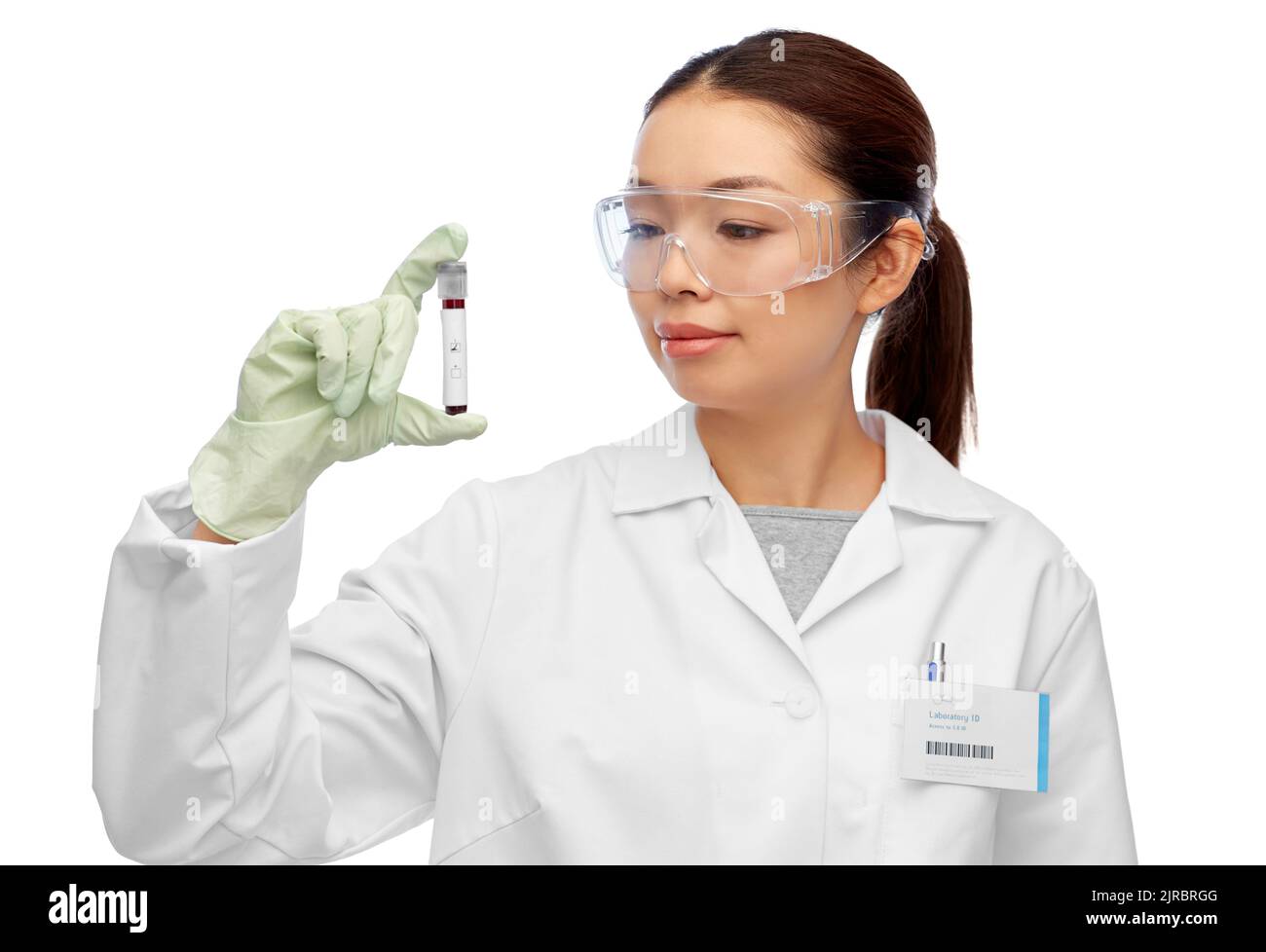 asian female doctor holding beaker with blood test Stock Photo - Alamy