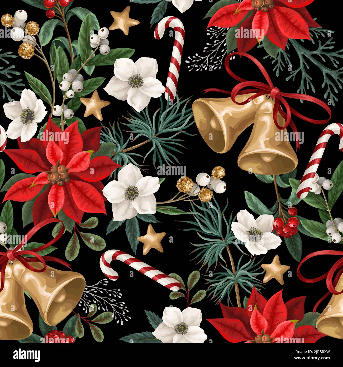 Seamless pattern with Christmas botanical plants, flowers and bells ...