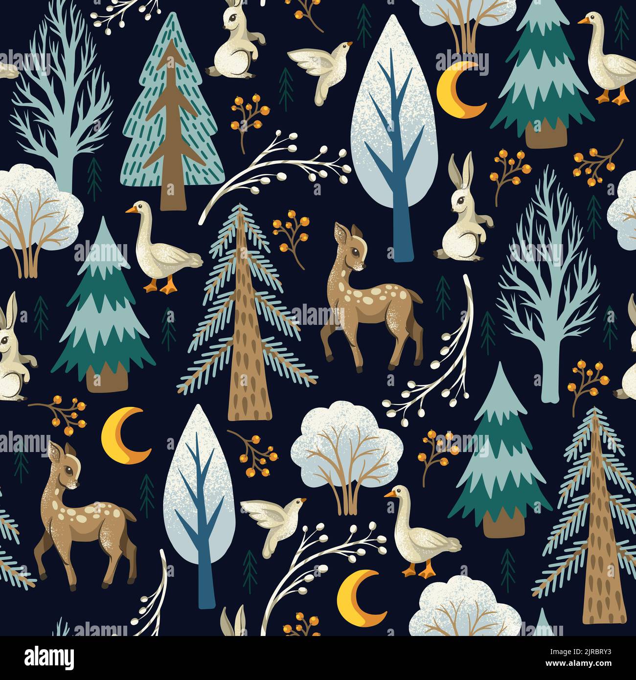 Christmas seamless pattern with rustic animals, birds and trees ...