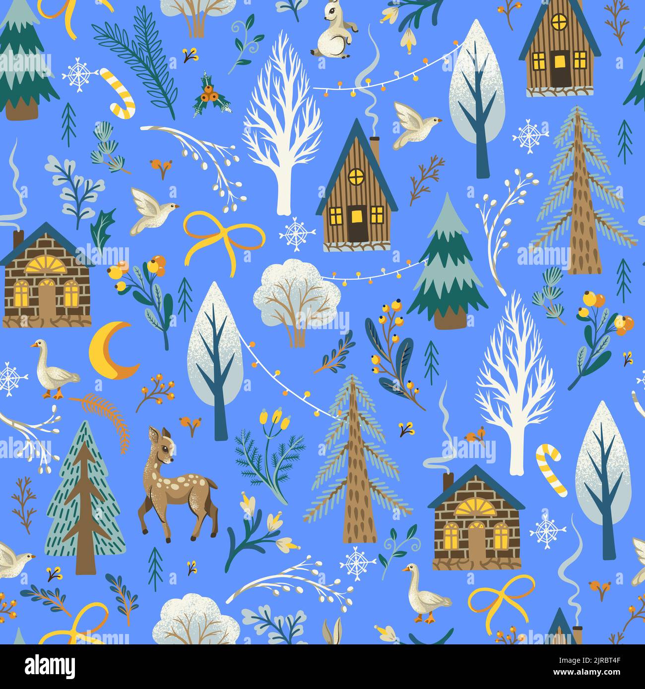 Christmas seamless pattern with rustic animals, birds and trees ...