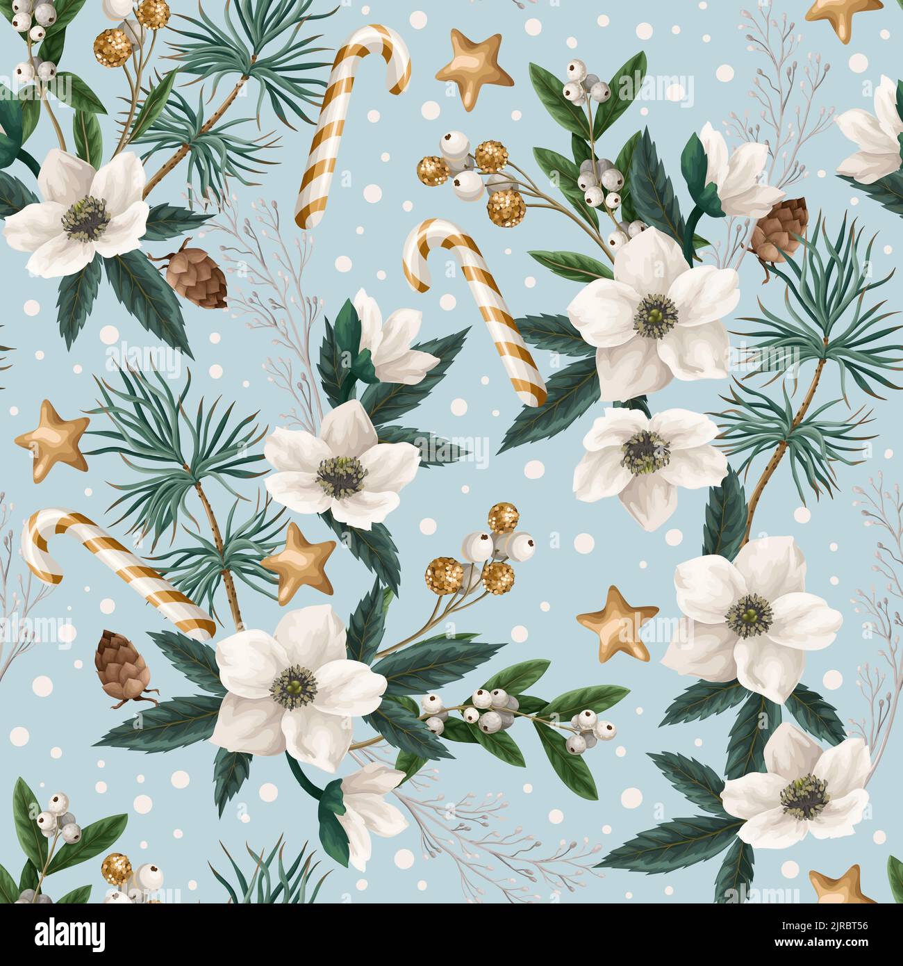 Seamless pattern with Christmas botanical plants, flowers and bells ...