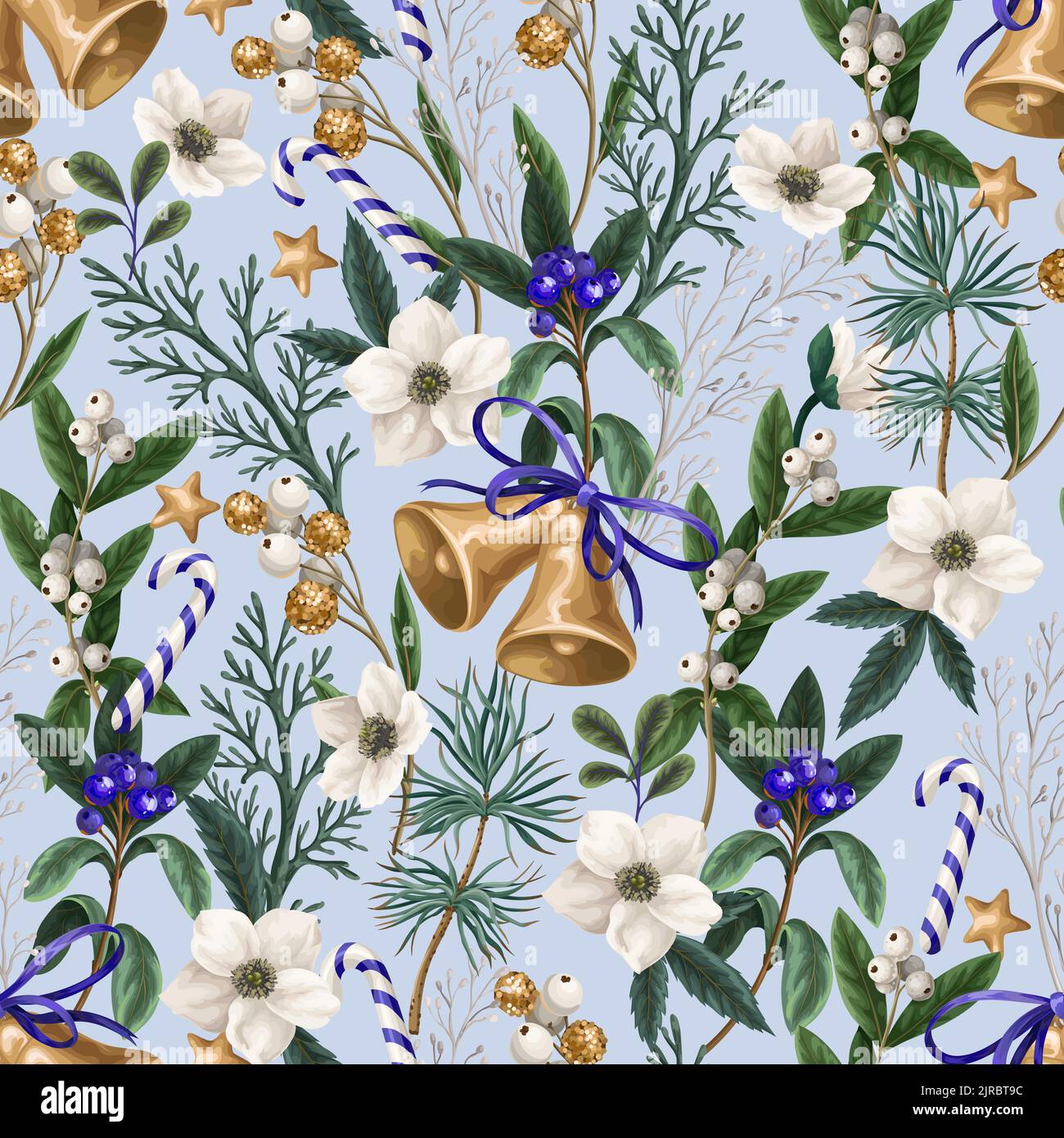 Seamless pattern with Christmas botanical plants, flowers and bells ...