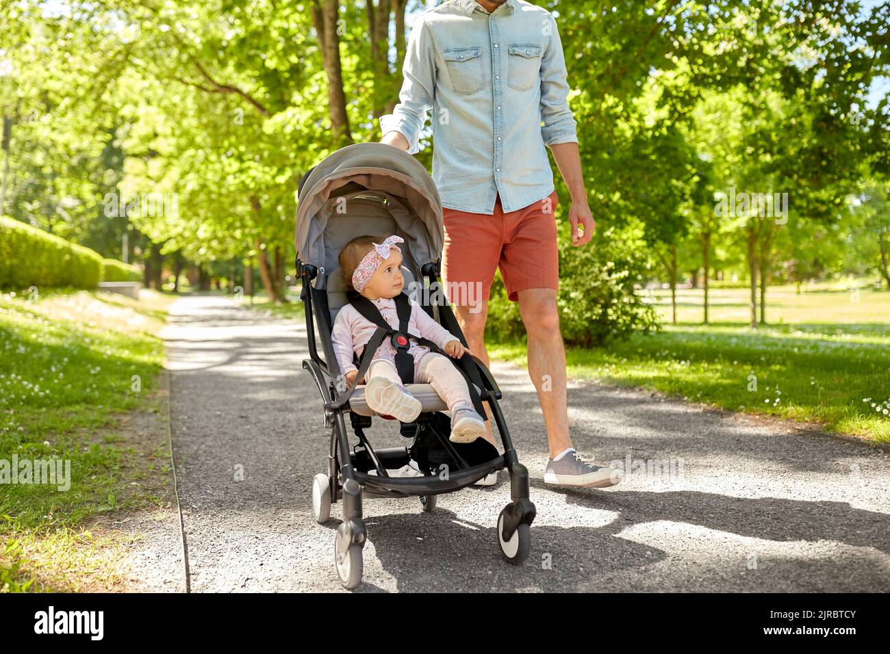 father with child in stroller at summer park Stock Photo - Alamy