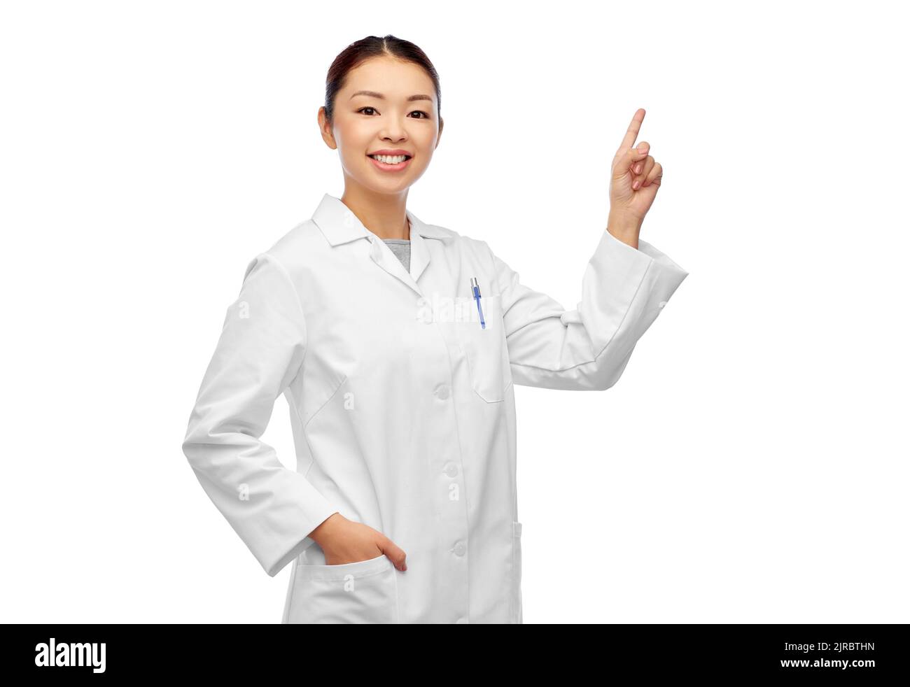 happy asian female doctor pointing finger up Stock Photo - Alamy