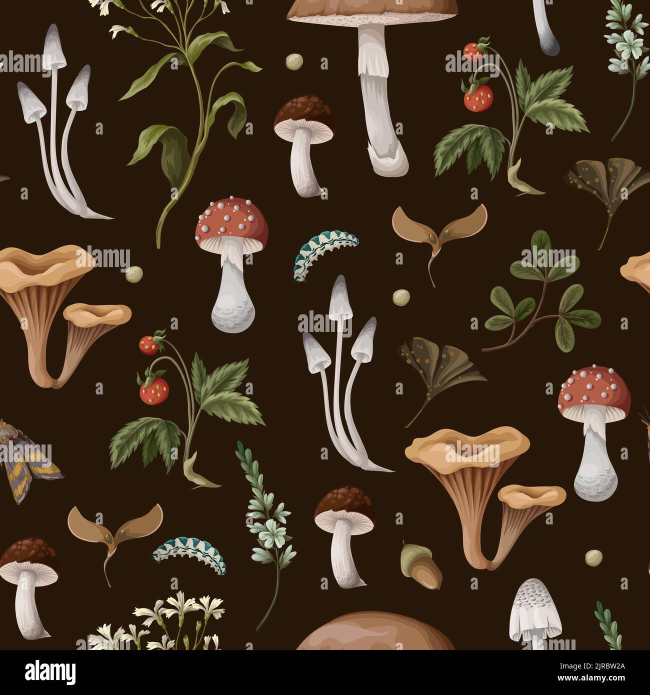 Autumn seamless pattern with mushrooms, berries and bugs. Natural ...