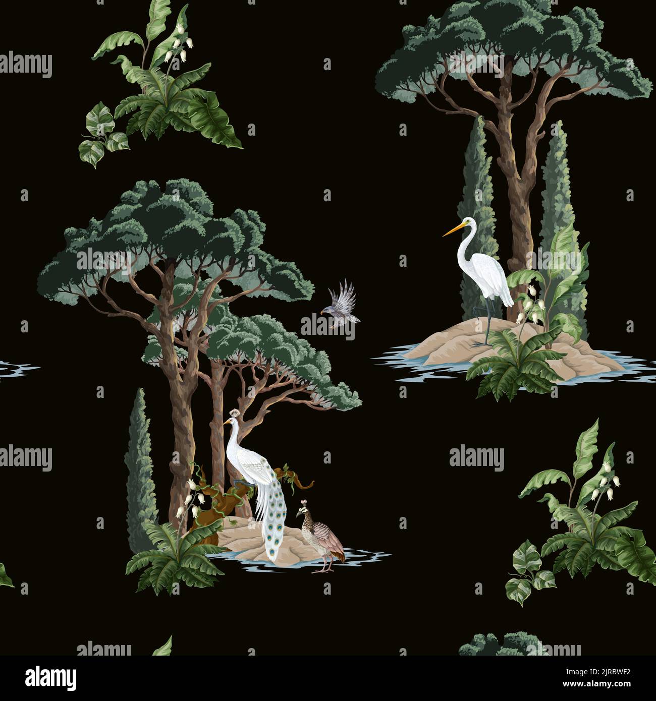 Seamless pattern with trees, bushes and birds. Vector Stock Vector ...