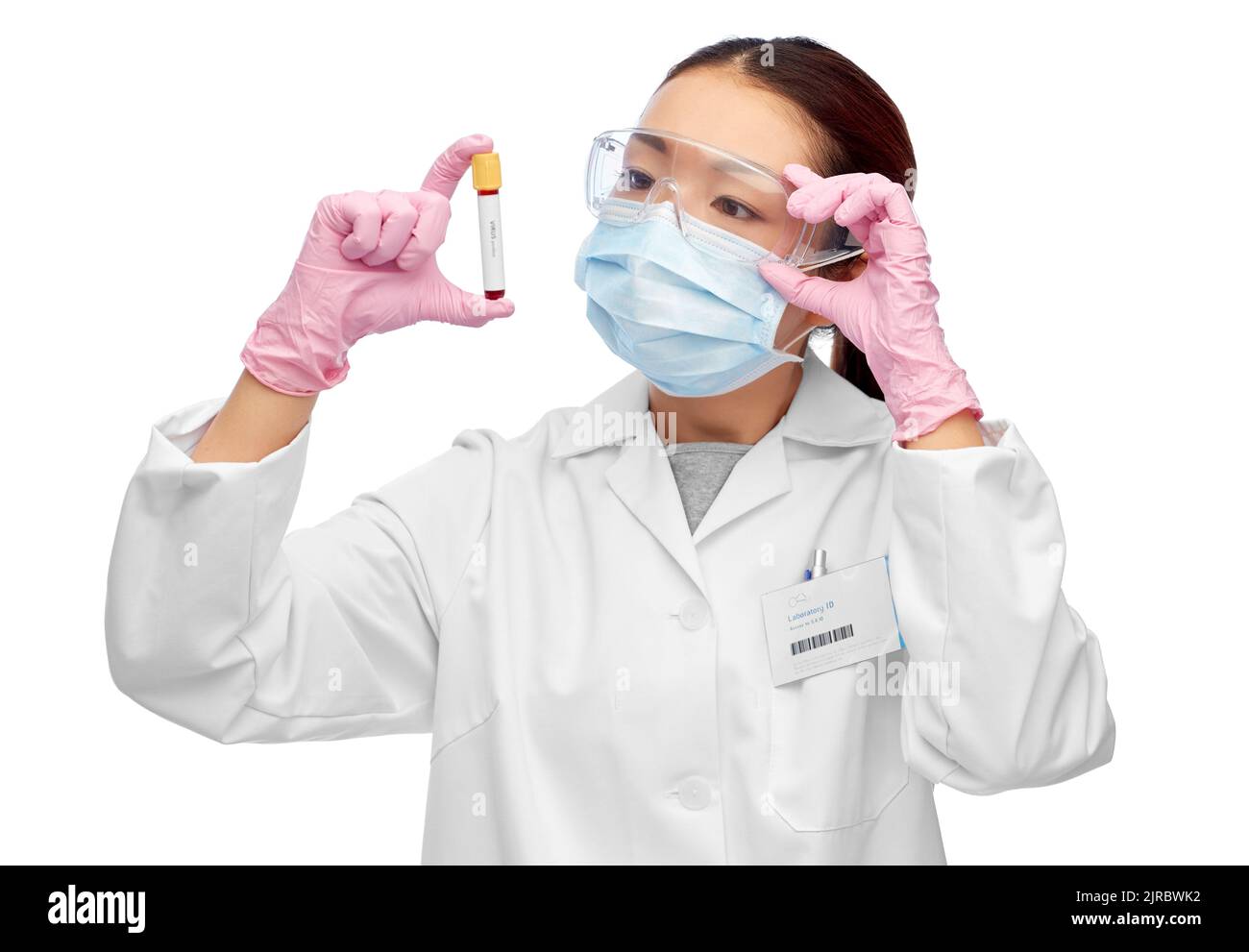 asian female doctor holding beaker with blood test Stock Photo - Alamy