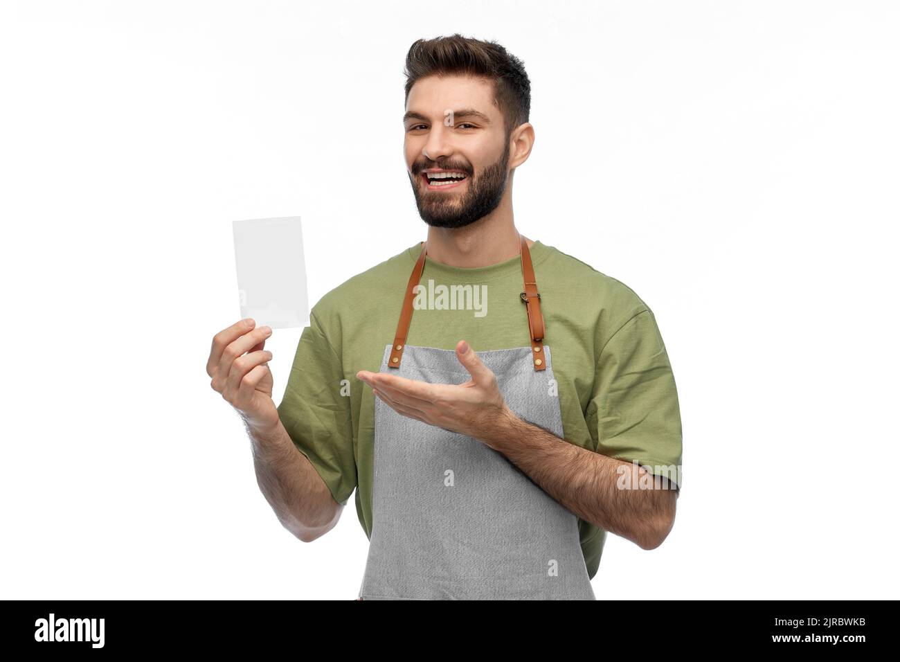 happy smiling barman in apron with bill Stock Photo - Alamy