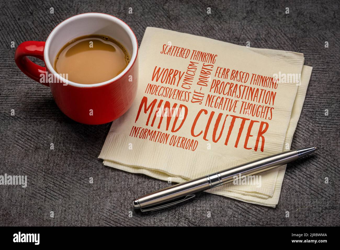mind clutter word cloud on napkin with a cup of coffee, mental health ...