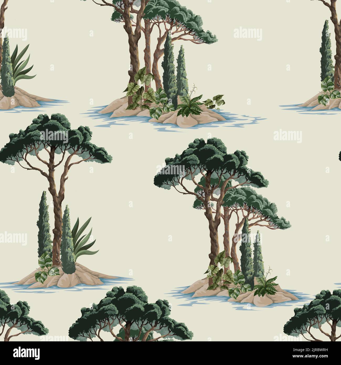 Seamless pattern with pine trees, bushes and plant. Vector Stock Vector ...