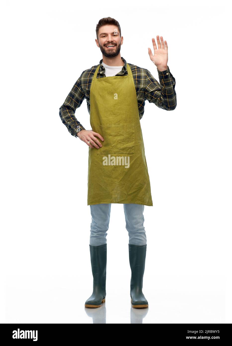 happy male gardener or farmer in apron waving hand Stock Photo - Alamy