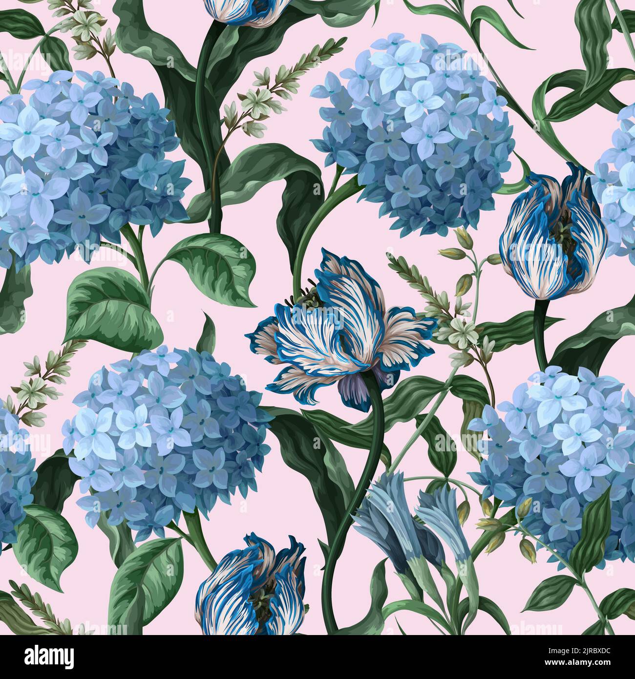 Seamless botanical pattern with hydrangeas and other flowers. Vector ...