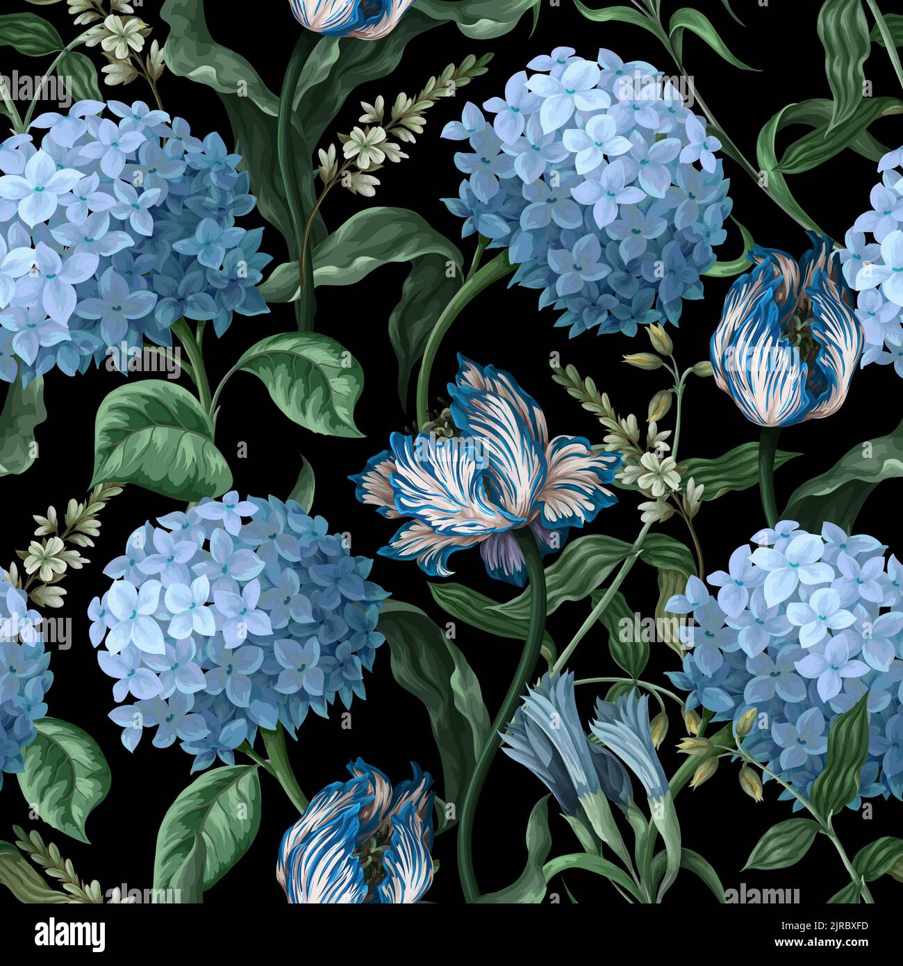 Seamless botanical pattern with hydrangeas and other flowers. Vector ...