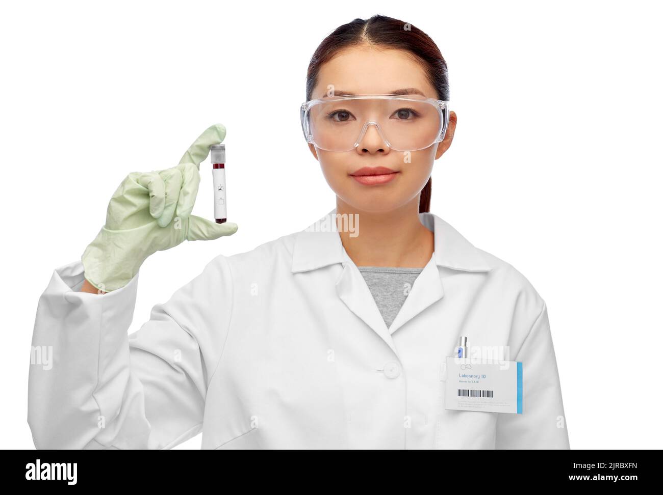 asian female doctor holding beaker with blood test Stock Photo - Alamy