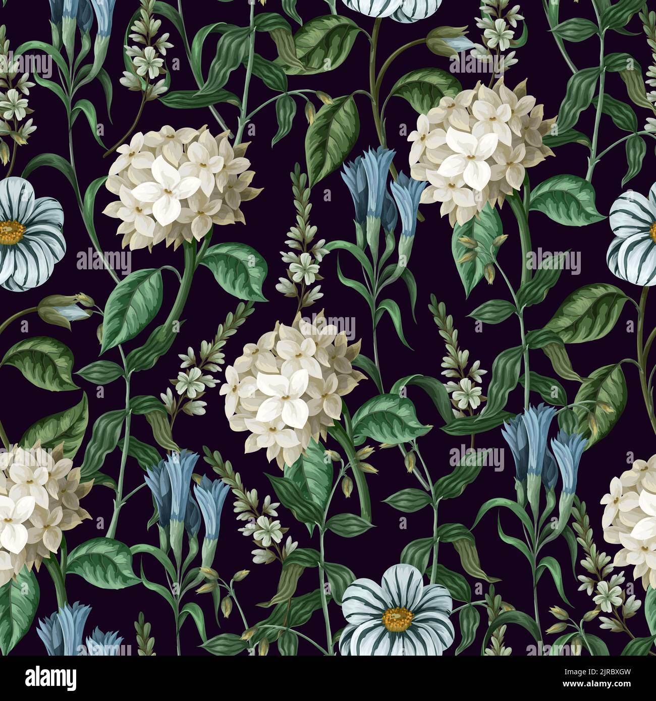 Seamless botanical pattern with hydrangeas and other flowers. Vector Stock Vector Image & Art ...