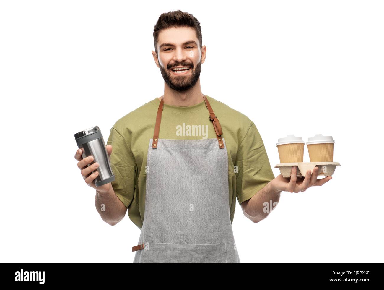 happy waiter with takeout coffee cups and tumbler Stock Photo - Alamy