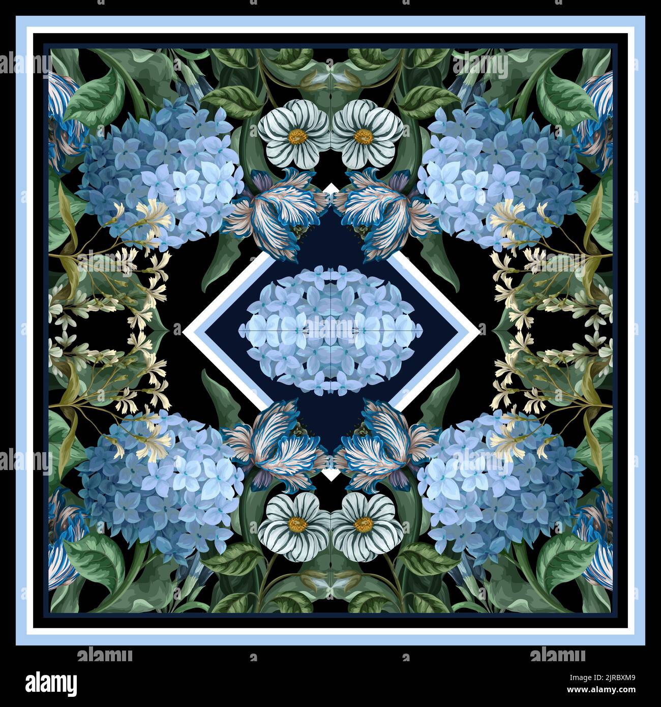 Design scarf with blue hydrangeas anf other flowers. Vector Stock ...