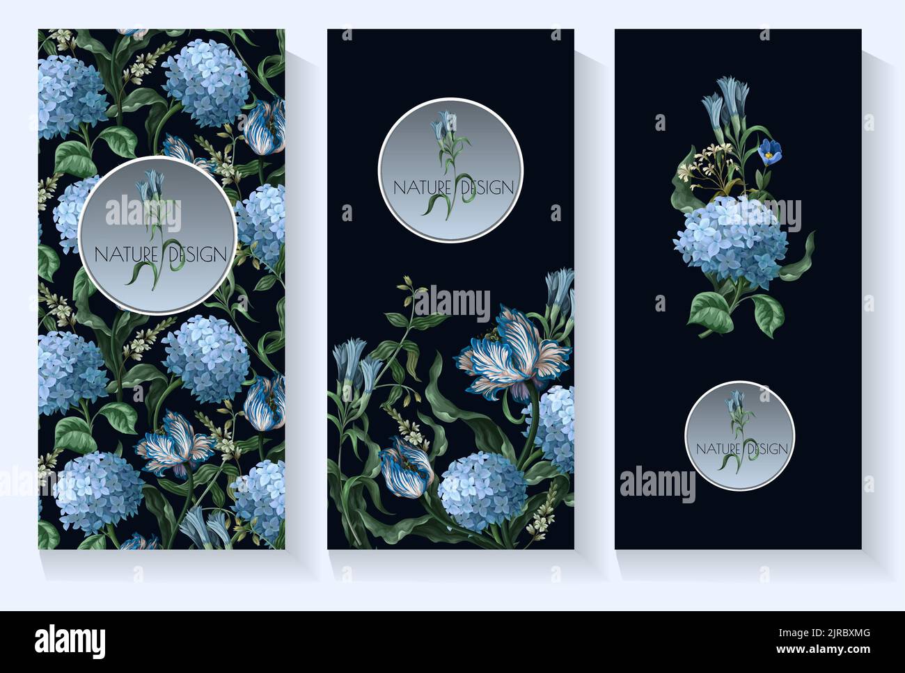 Cards with blue hydrangeas and other flowers isolated. Vector Stock ...