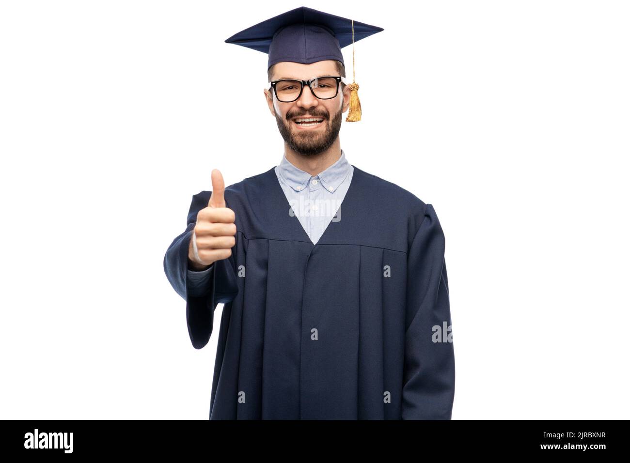 happy male graduate student showing thumbs up Stock Photo - Alamy
