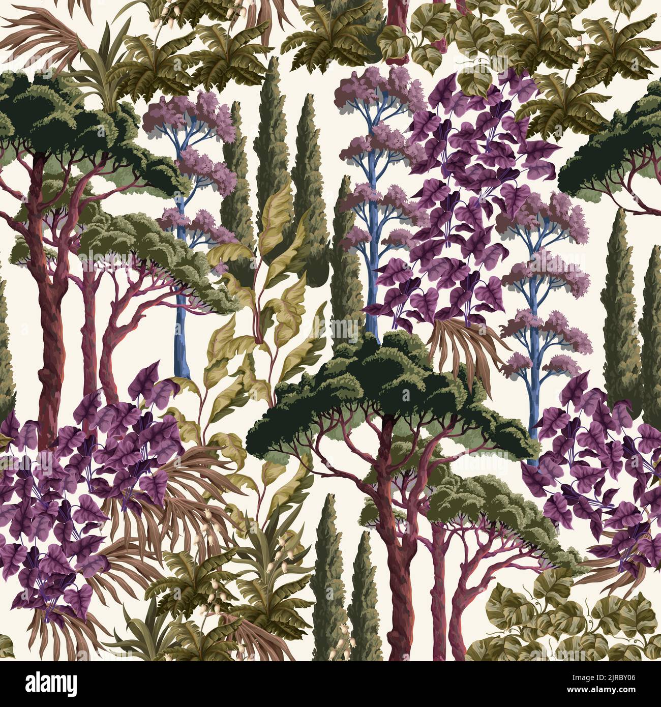 Seamless pattern with pine trees, bushes and plant. Vector Stock Vector ...