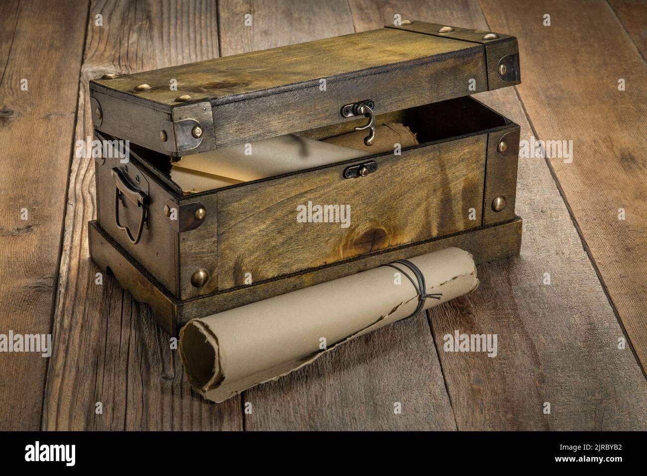 retro decorative case or storage box with rolls of antique paper ...
