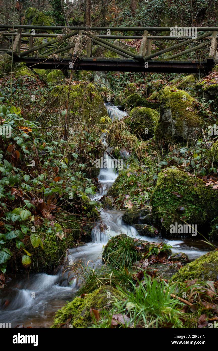 Small waterfall splitting into two streams under a wooden bridge ...