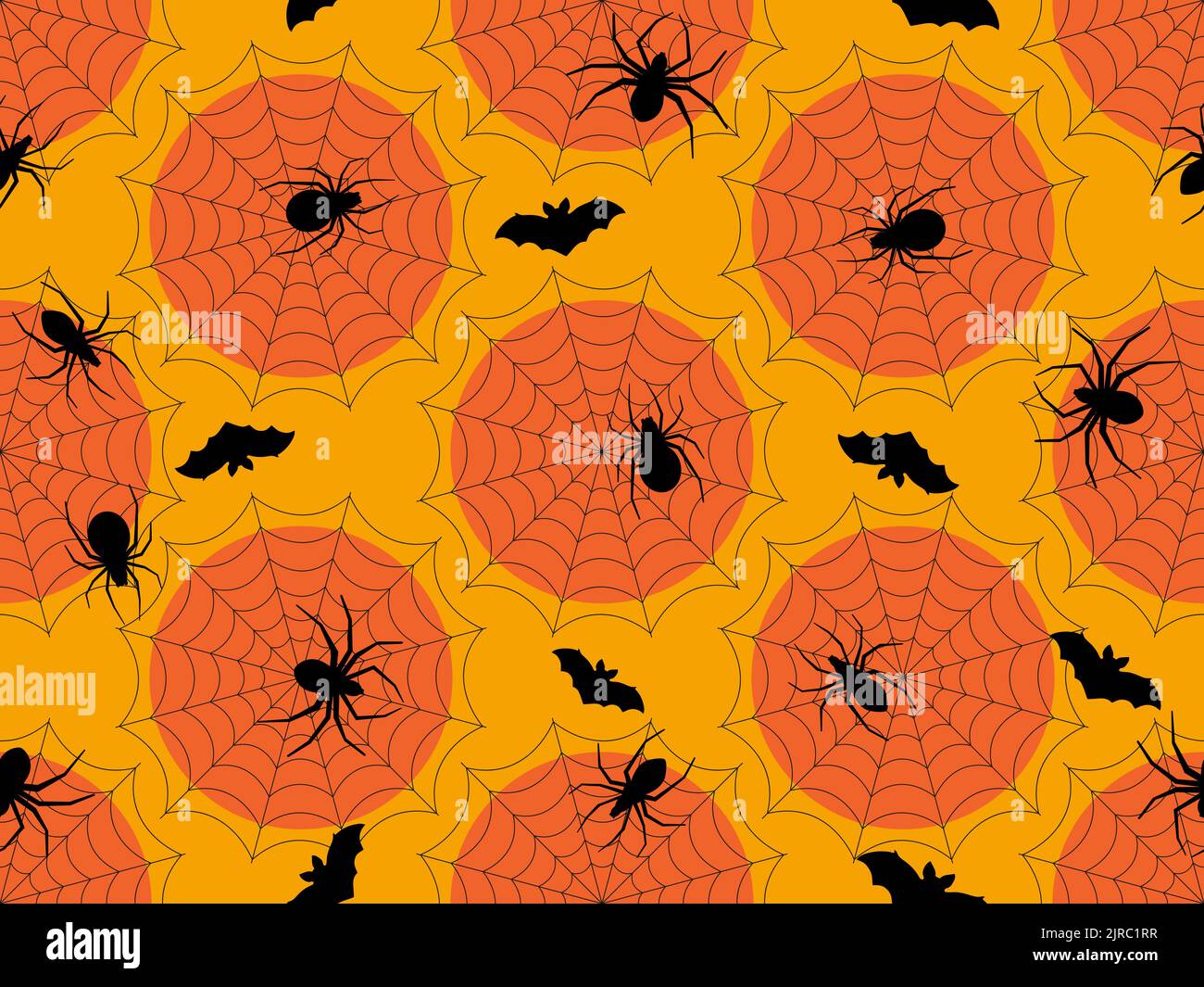 Halloween seamless pattern with cobwebs and spiders, bats in black on an orange background ...