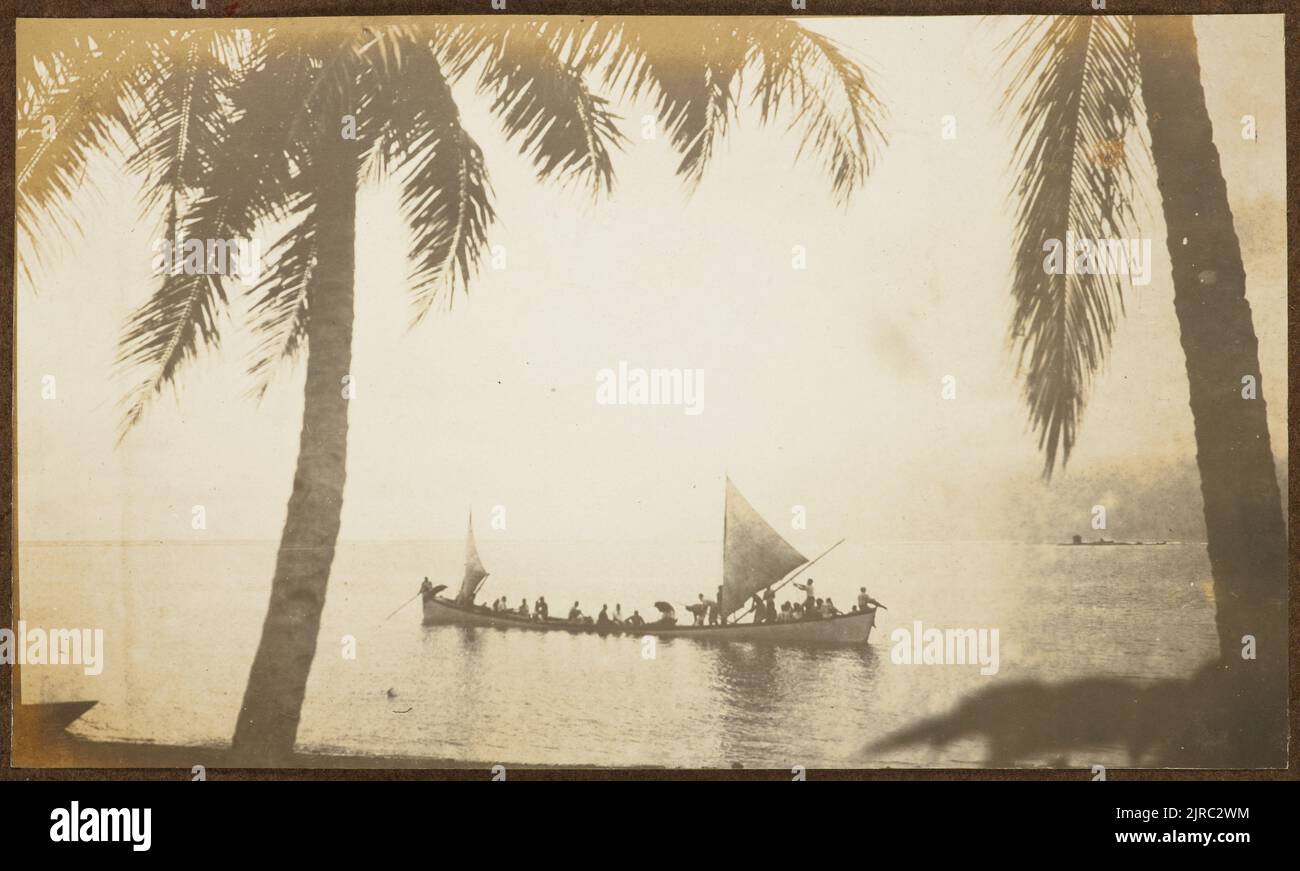 Fautasi (longboat) with sails. From the album: Samoa, circa 1916, Sāmoa ...