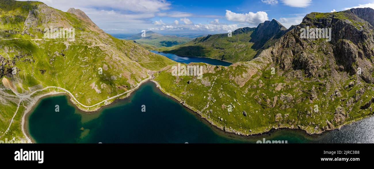 Aerial view of beautiful mountain lakes and hiking trails (Miners and ...