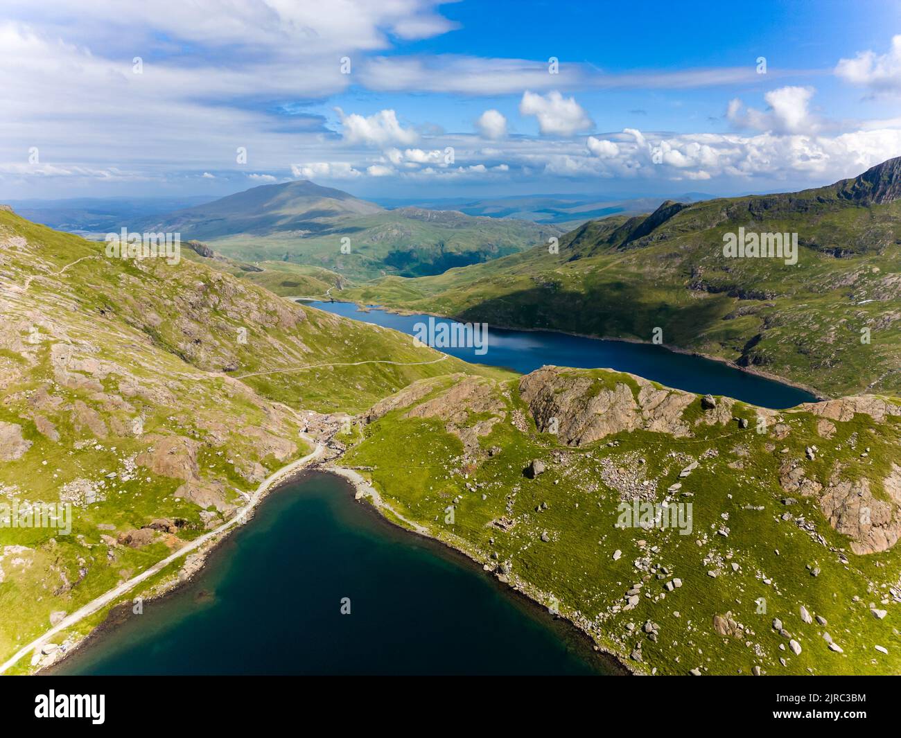 Aerial view of beautiful mountain lakes in North Wales (Llyn Glaslyn ...