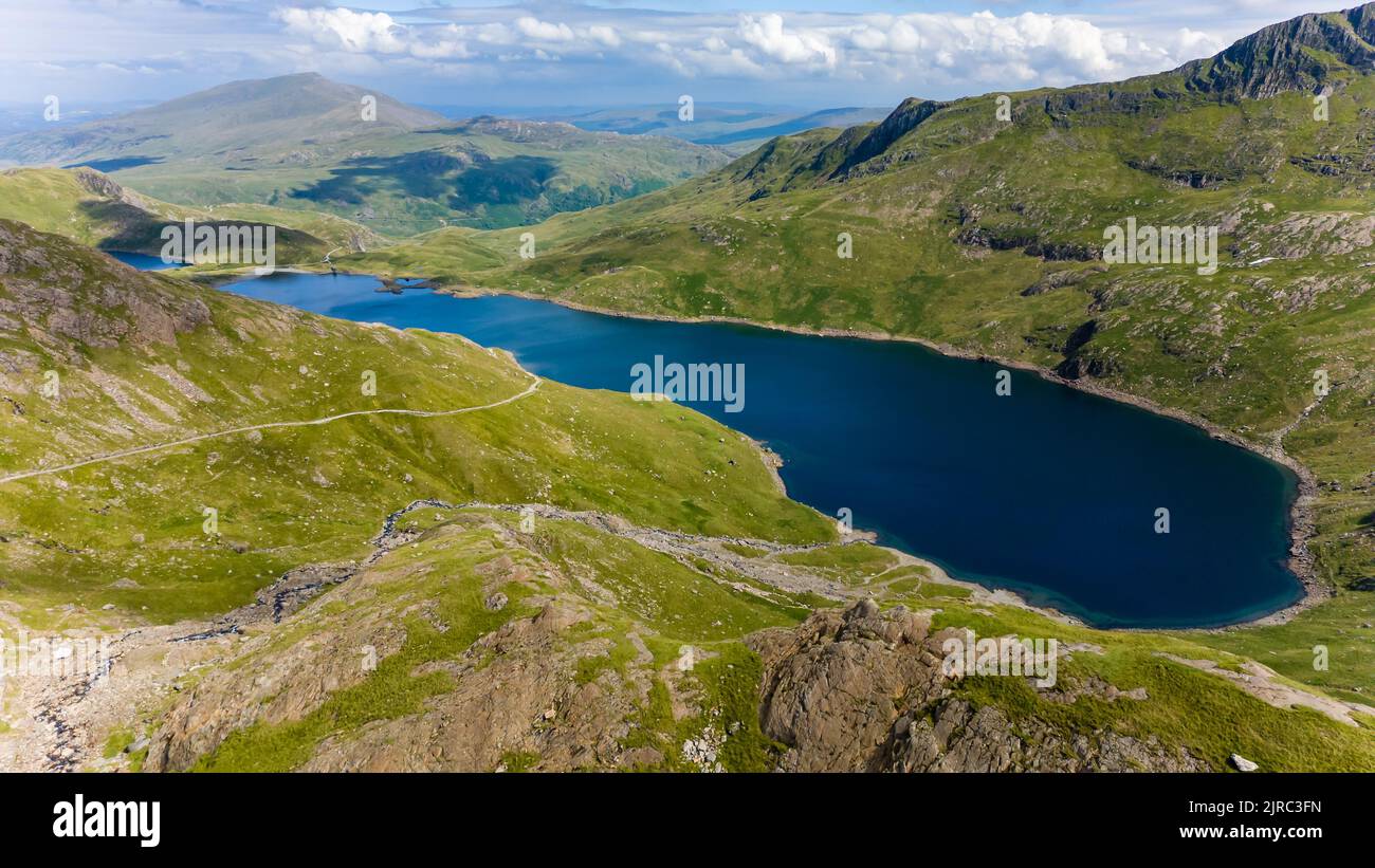 Aerial view of a beautiful mountain lack on the flanks of Mount Snowdon ...