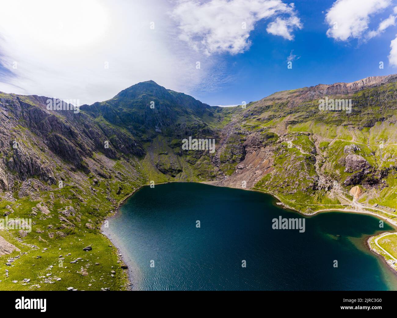 Aerial view of beautiful mountain lakes in North Wales (Llyn Glaslyn, Snowdonia, Wales, UK Stock ...