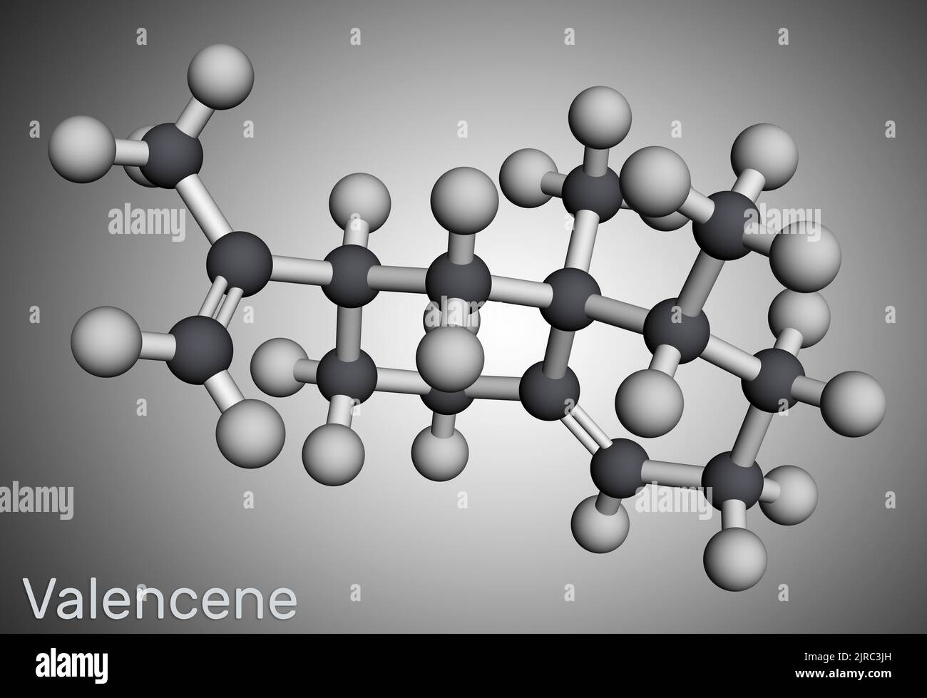 Valencene molecule. It is carbobicyclic compound, sesquiterpene, aroma ...