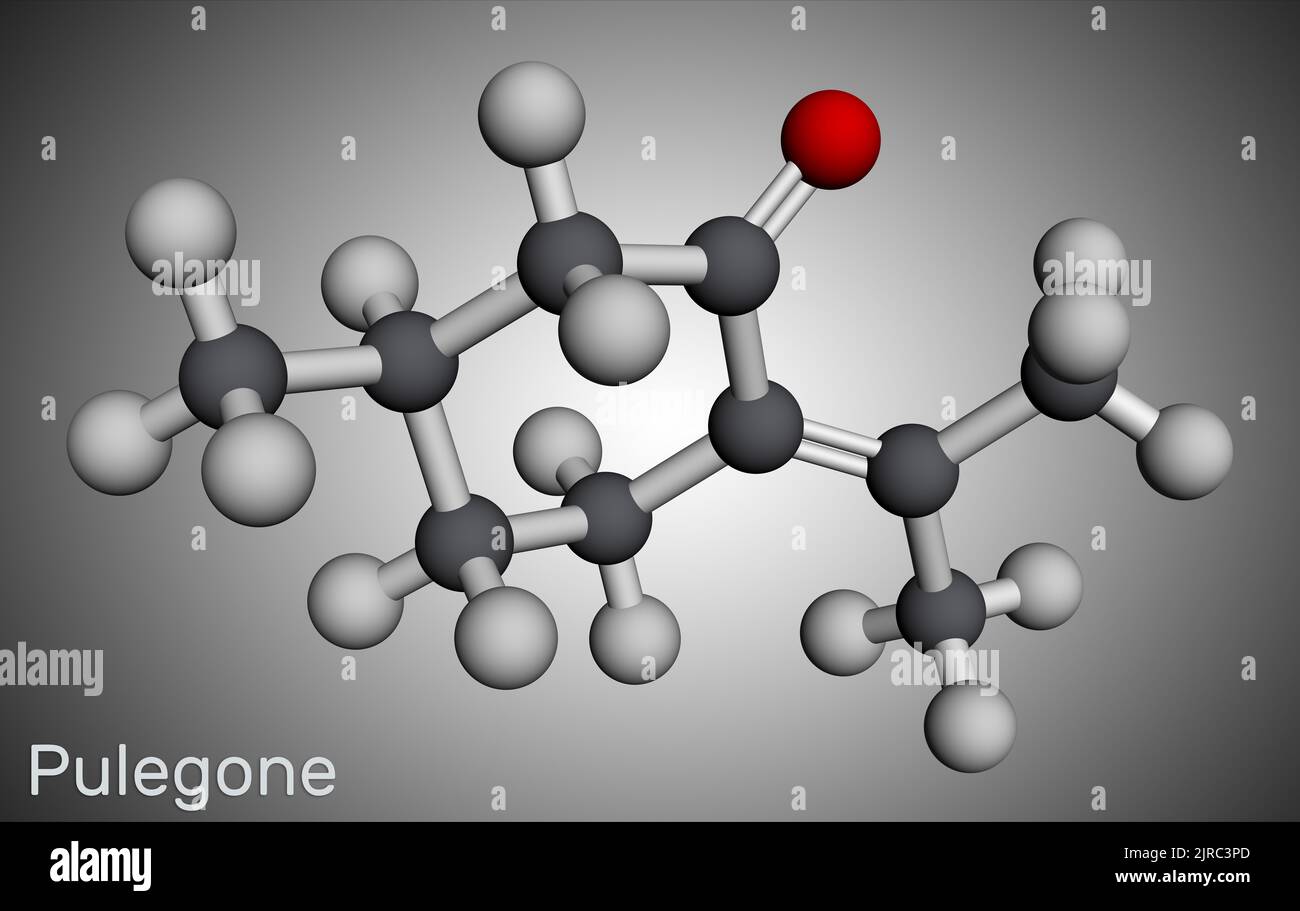 Pulegone molecule. It is natural component of essential oils. Molecular ...