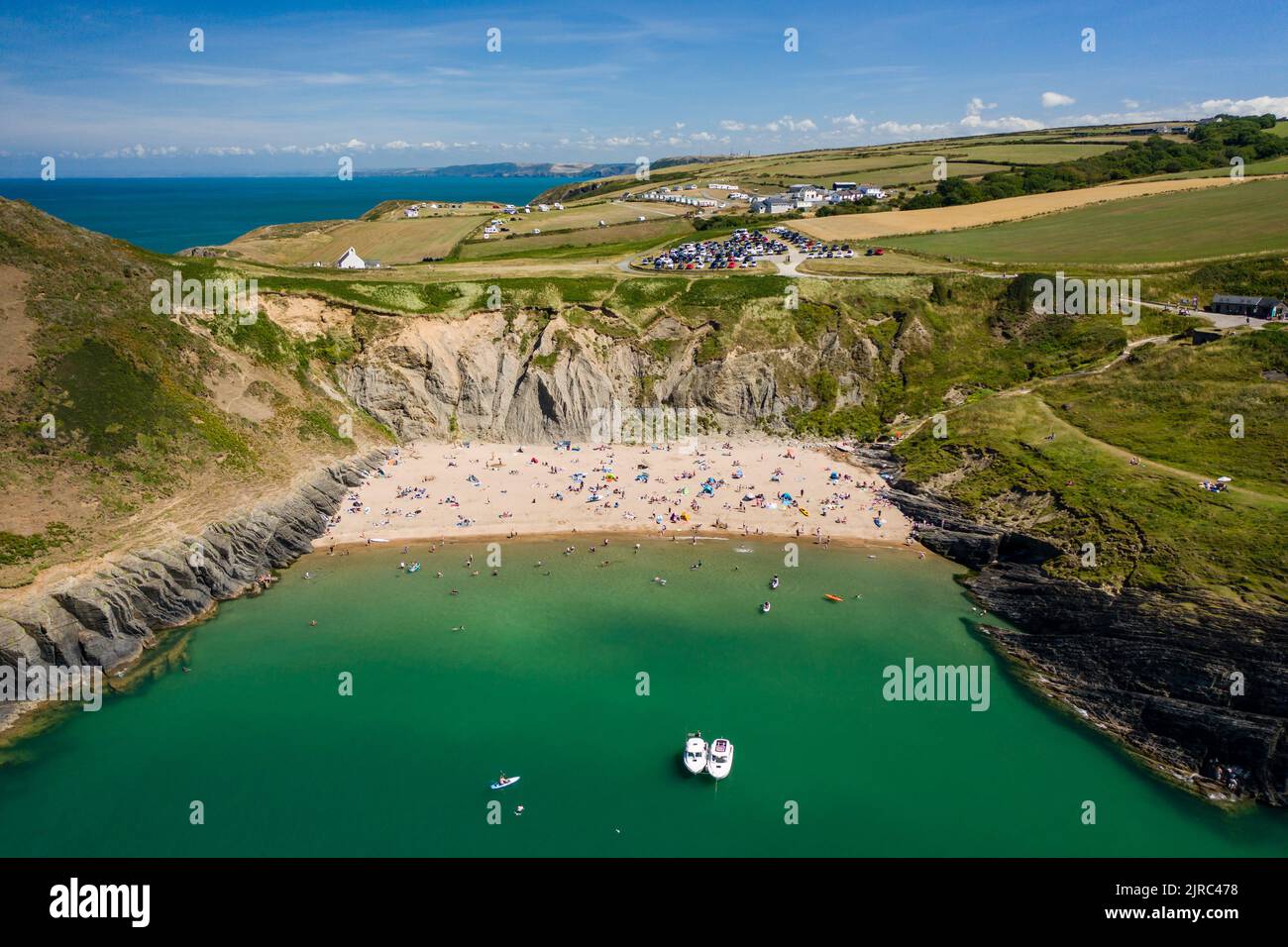 Aerial view of the spectacular sandy beach and bay of Mwnt in ...