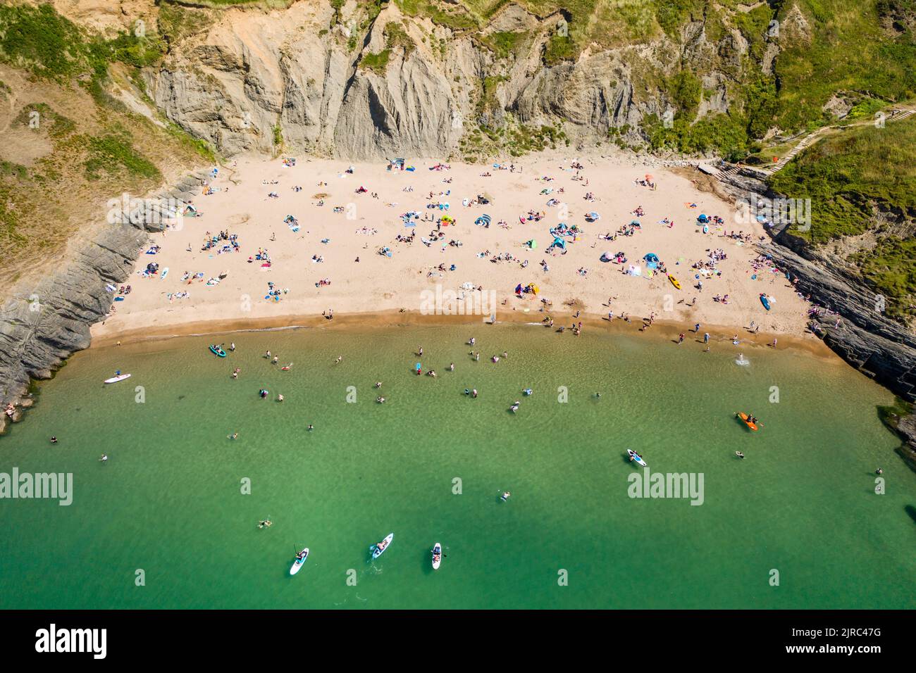 Aerial view of the spectacular sandy beach and bay of Mwnt in ...