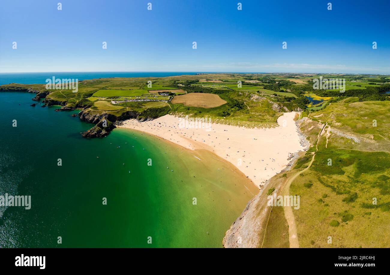 Panoramic aerial view of a beautiful sandy beach and rocky coastline ...