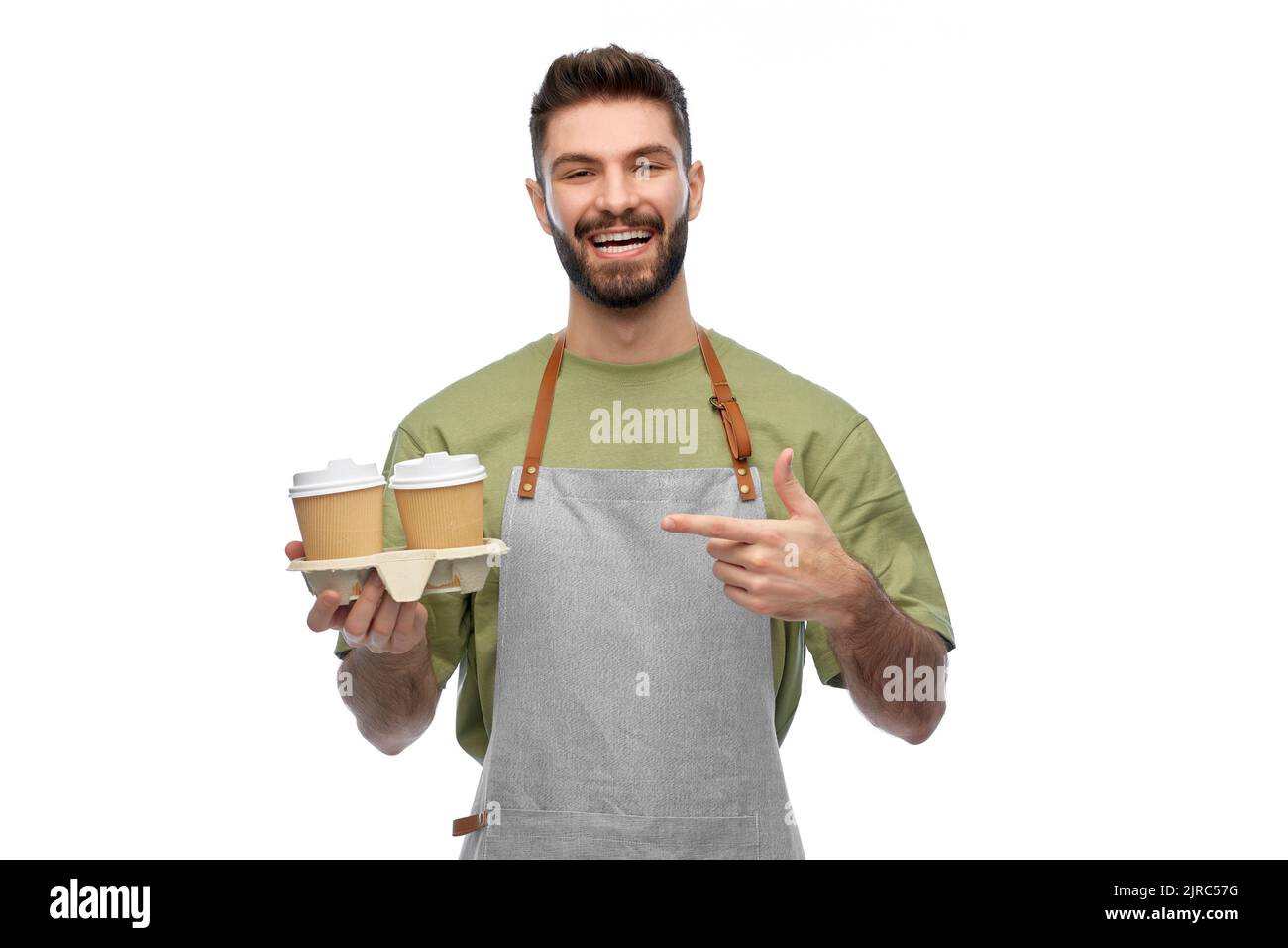 happy smiling barman in apron with takeaway coffee Stock Photo - Alamy