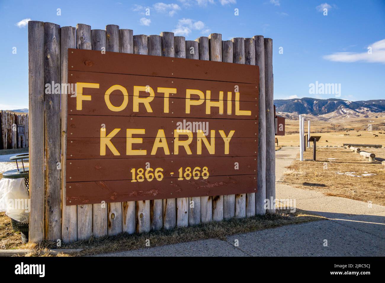 Fort Phil Kearny State Historic Site log post entrance sign written in ...