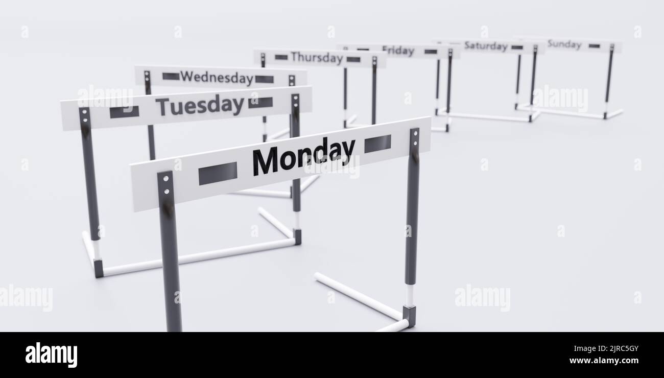 Everyday life difficulties. Week days name on hurdles, white background ...