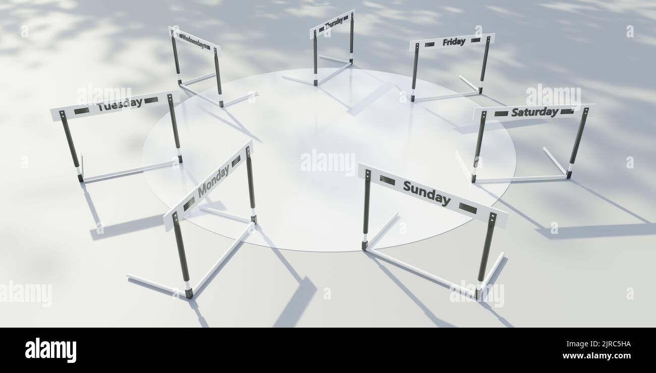 Everyday hurdling. Week days names on sport hurdles in a circle, above ...