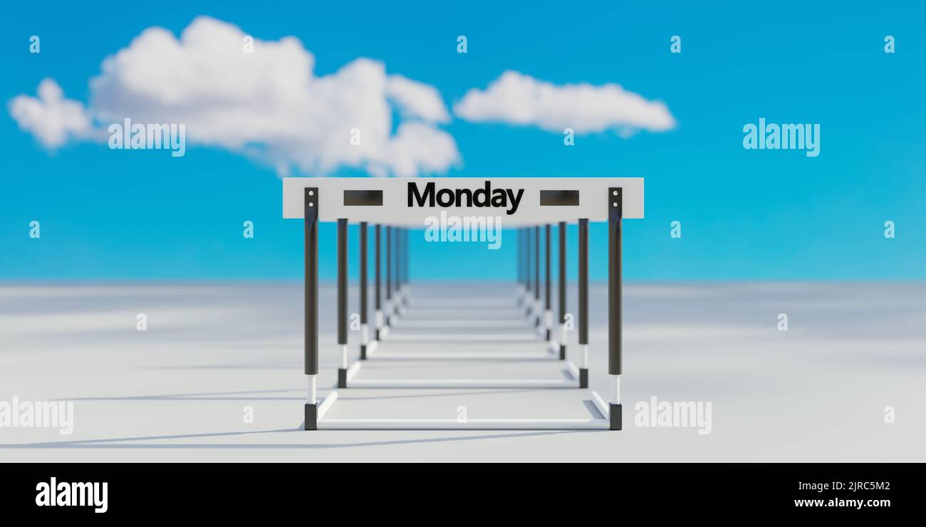 Monday problems to overcome. Week day name on hurdle, blue cloudy sky ...